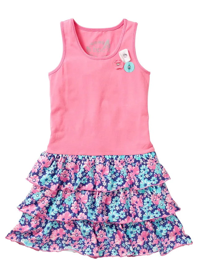 Rochie de jerse cu volane roz strident cu imprimeu • preţ de la 104,90 lei • magazin bonprix