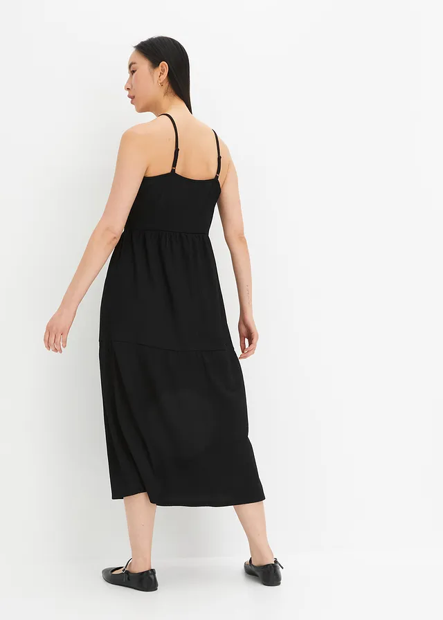 Sukienka midi z dżerseju, z falbanami i dekoracyjną plisą guzikową ...